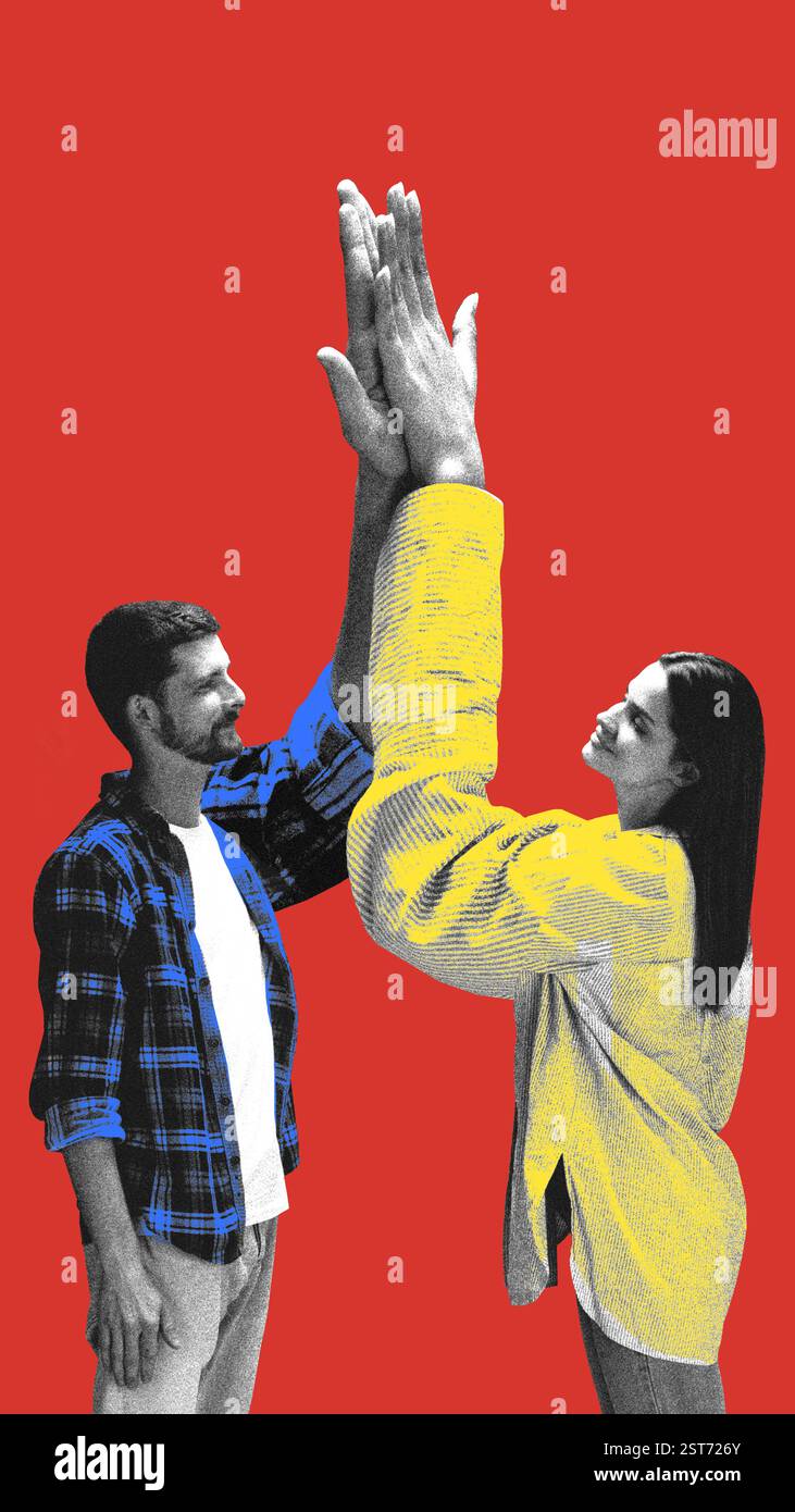 Man and woman raising oversized hands in synchronized high five ...