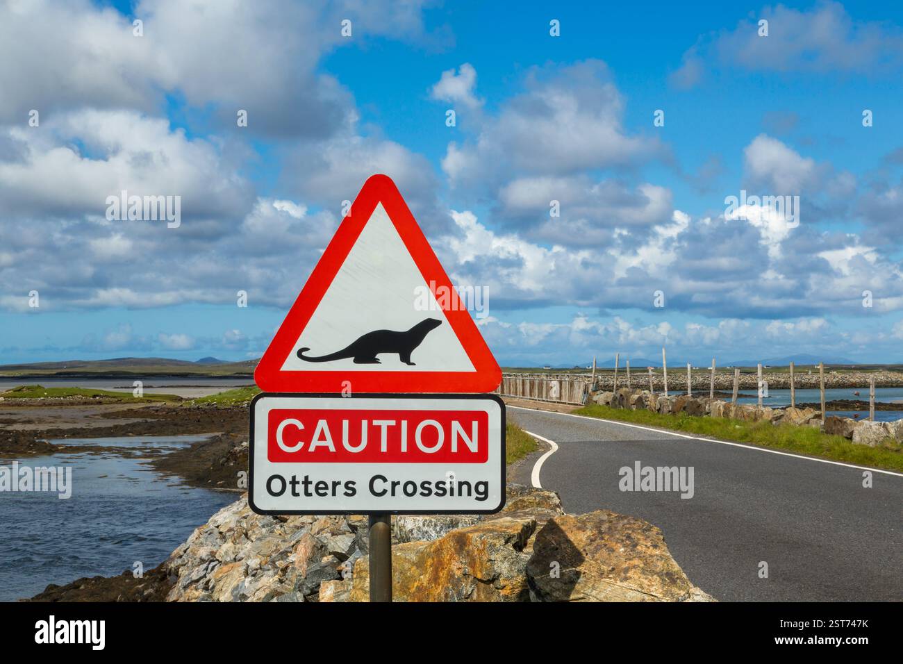 Warning sign of otters crossing the road, North Uist, Outer Hebrides ...