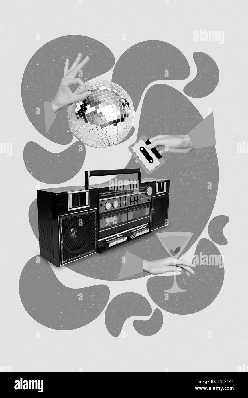 Creative poster collage of retro vintage tape recorder boom box dynamic ...