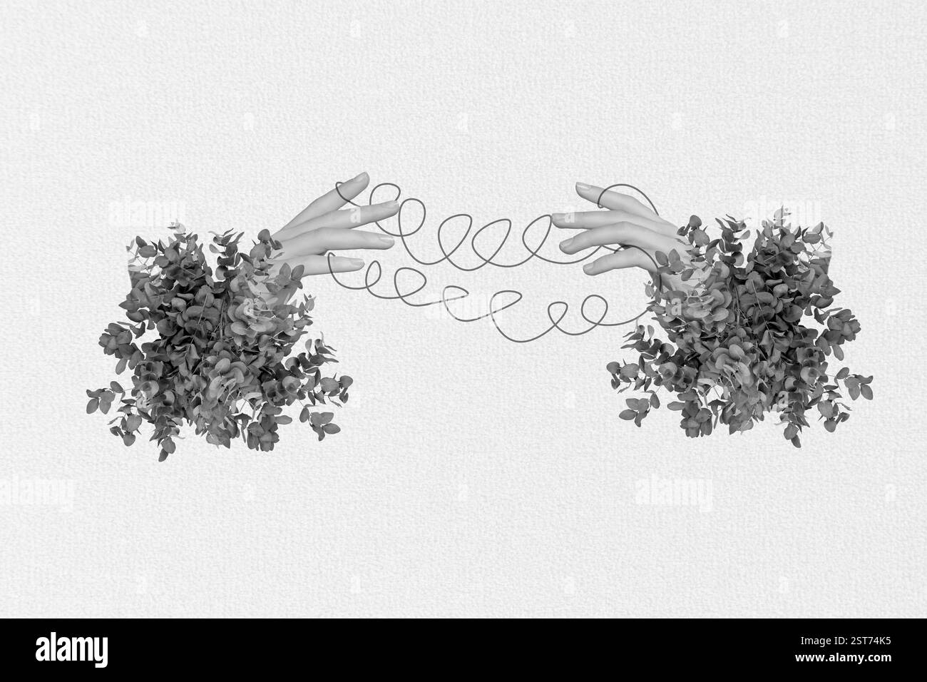 Minimalistic collage photo poster postcard of connection between two human arms touch isolated ...