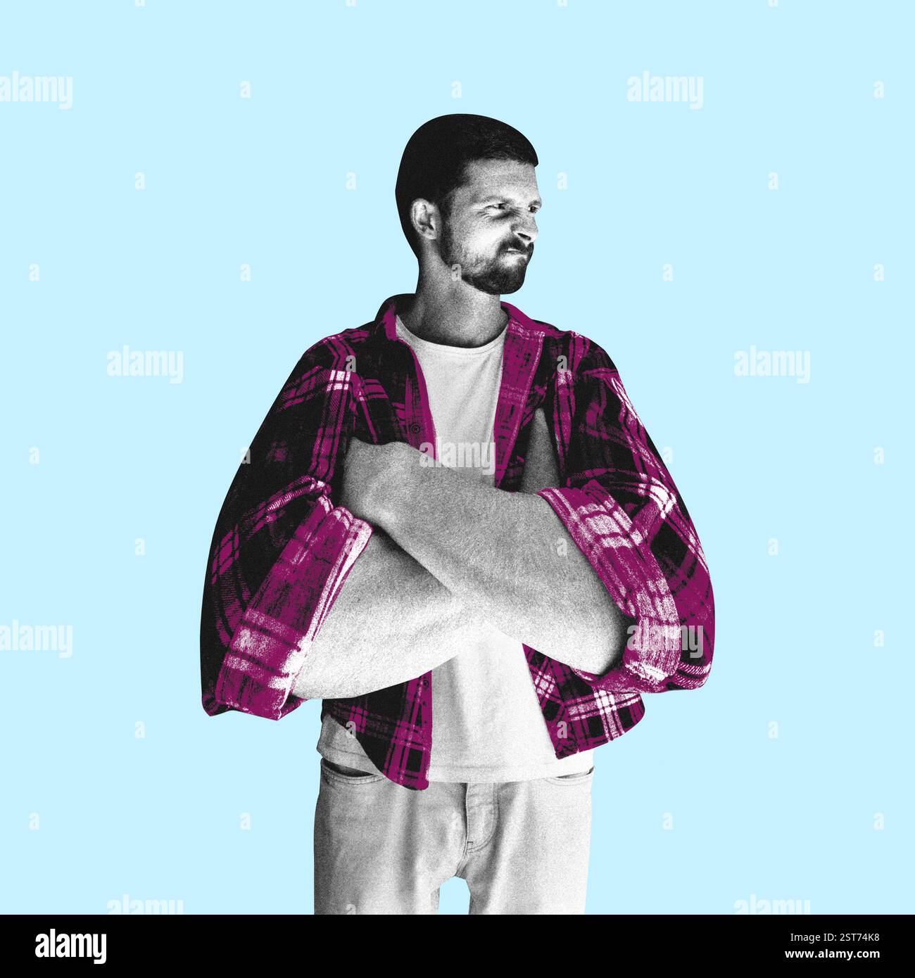 Man crossing arms with exaggerated posture conveys defensive attitude ...