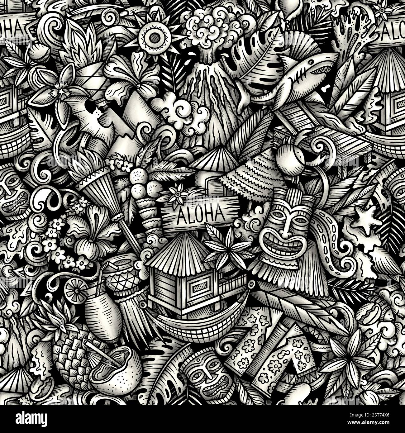 Graphics doodle Hawaii seamless pattern Stock Photo - Alamy