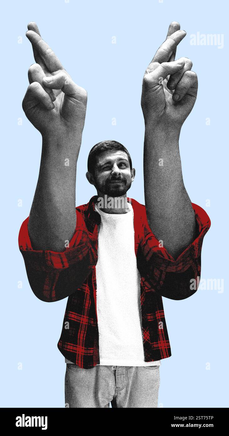 Man raising crossed fingers with an exaggerated pose represents hope ...