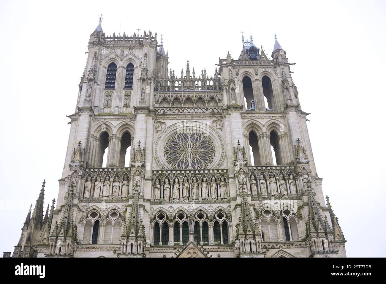 Close-up of the intricate front facade of a historic Gothic cathedral ...
