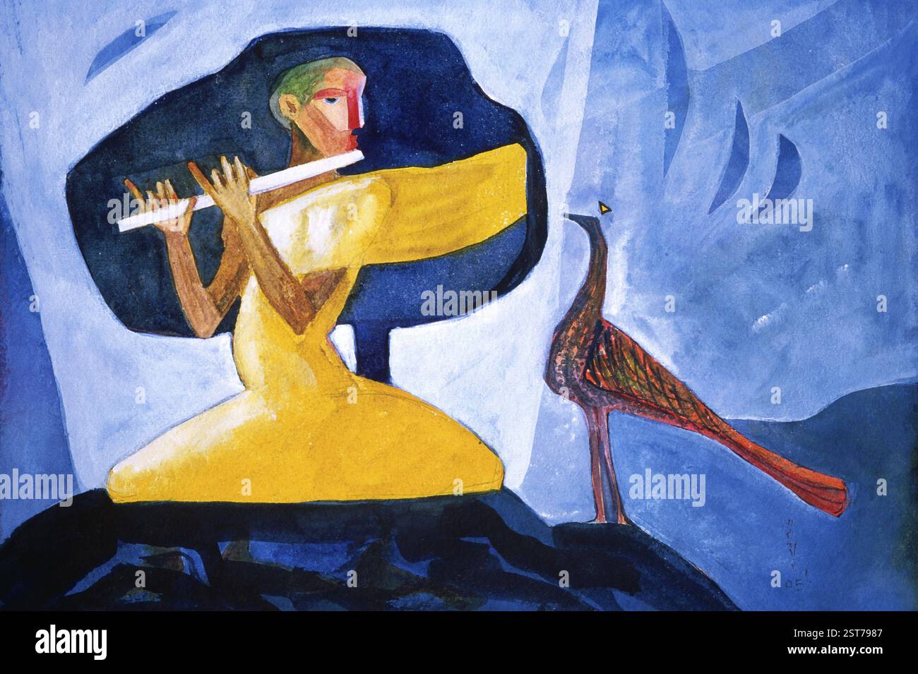 Painting of flute player with bird Stock Photo - Alamy
