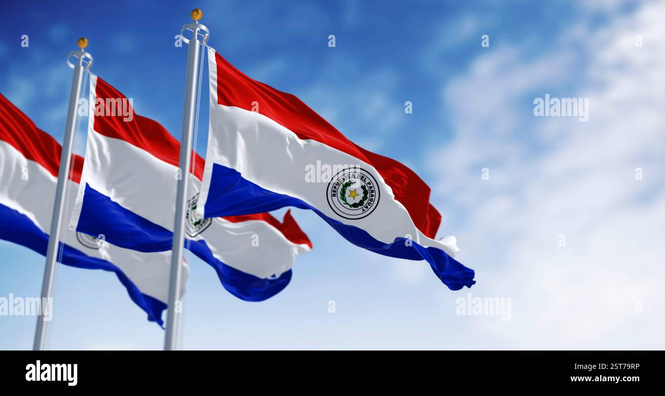 Paraguay national flags waving. Three equal horizontal bands of red ...