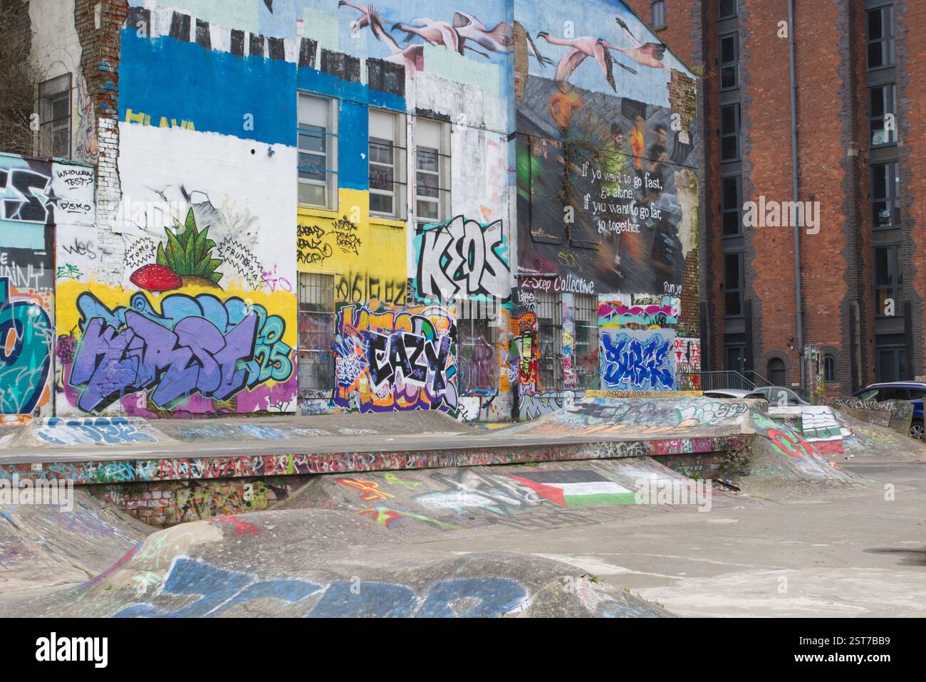 Graffiti overlooking the New Bird skatepark in the Baltic Triangle area ...