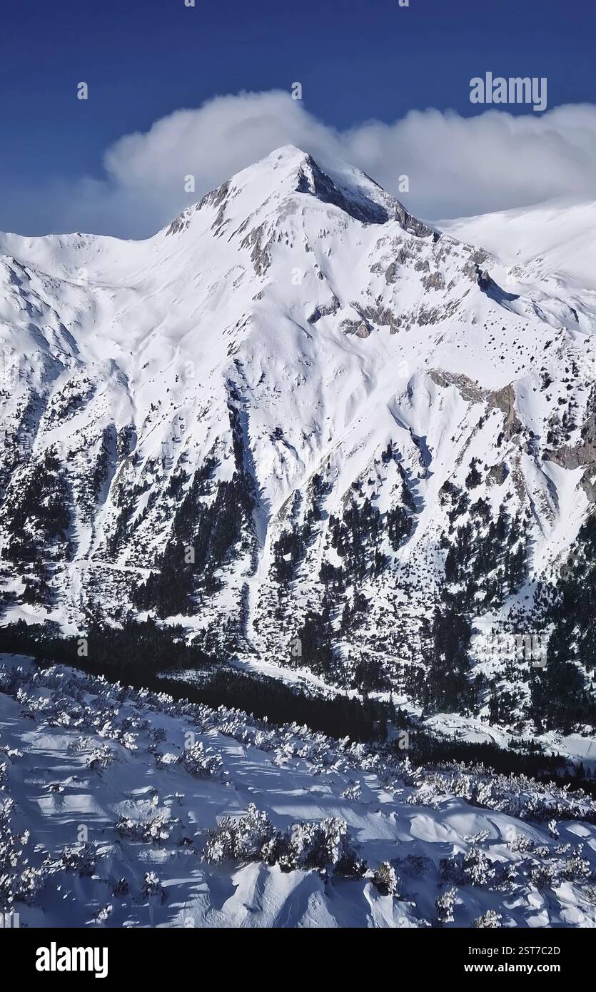 Winter rocky mountain peaks covered with fluffy snow under snowstorm ...