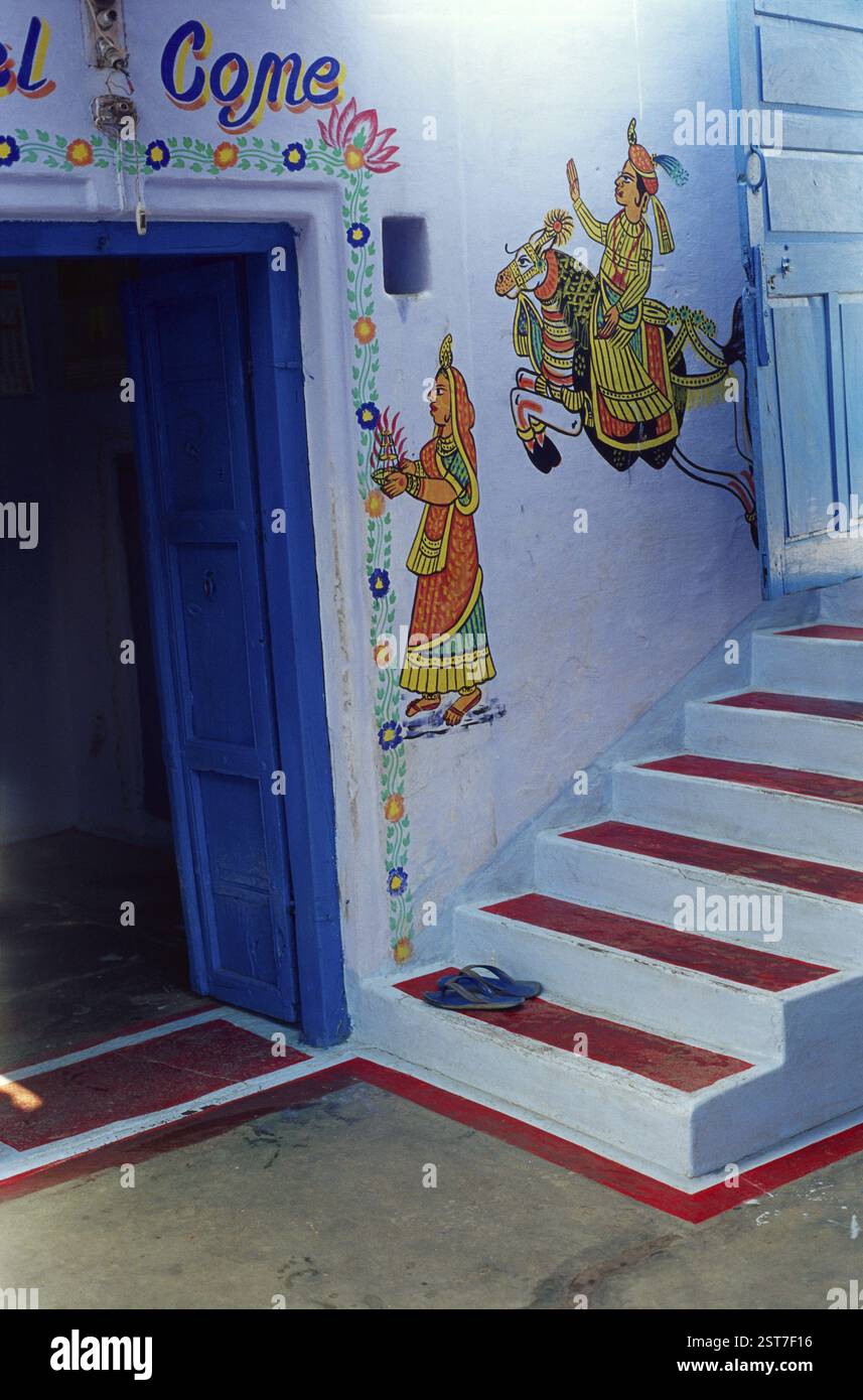Wall paintings at stairs, Kankroli, Rajasthan, India, Asia Stock Photo ...