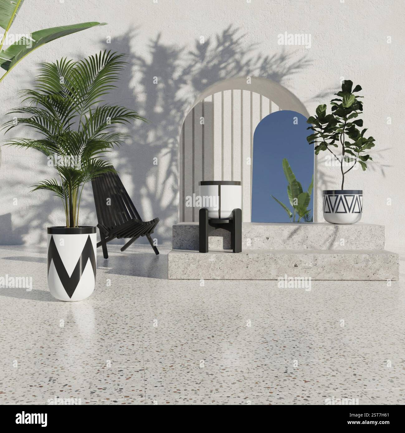 Patio with modern planters and archway, featuring terrazzo flooring and ...