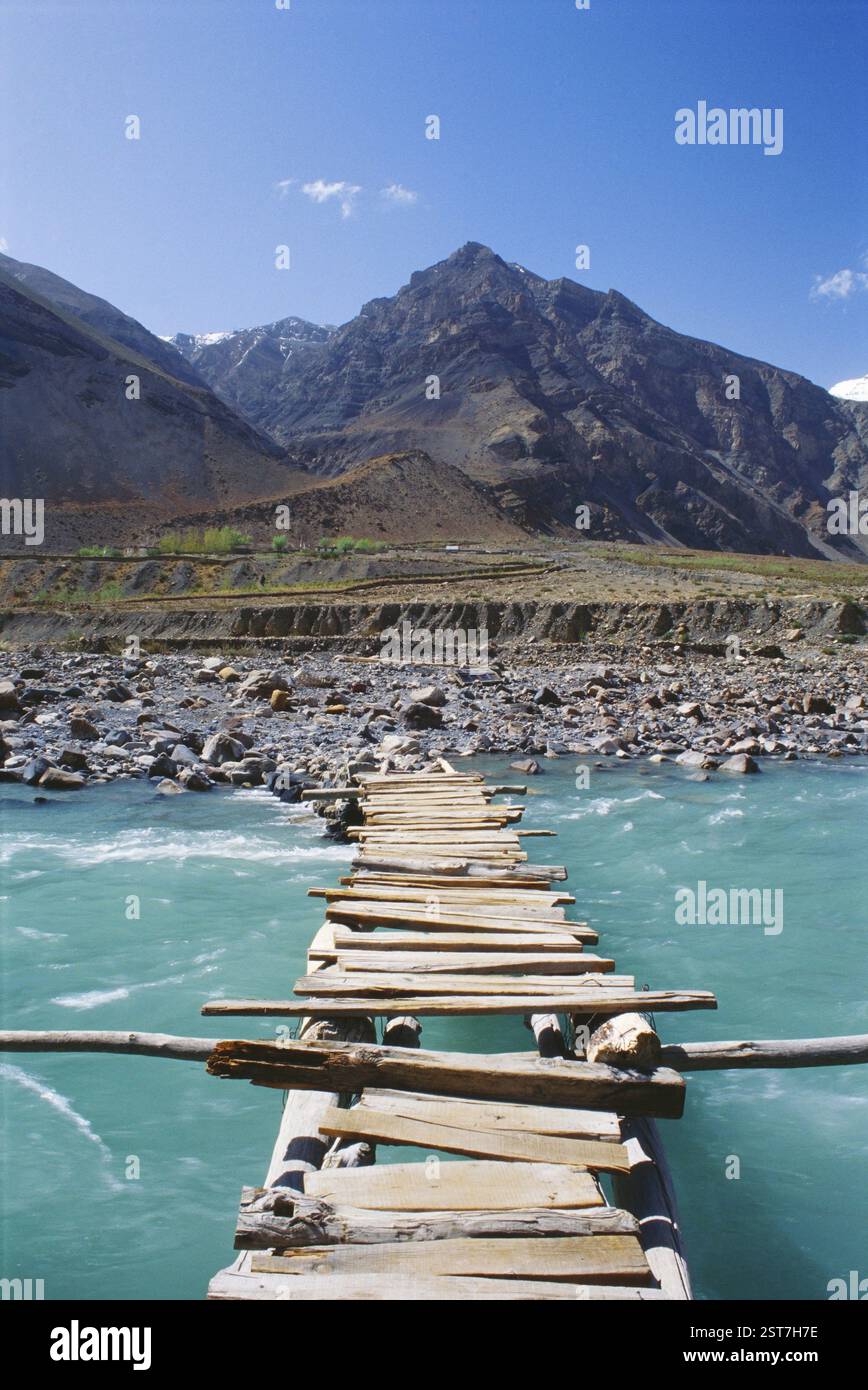Wooden bridge over Spiti river, Himachal Pradesh, India, Asia Stock ...