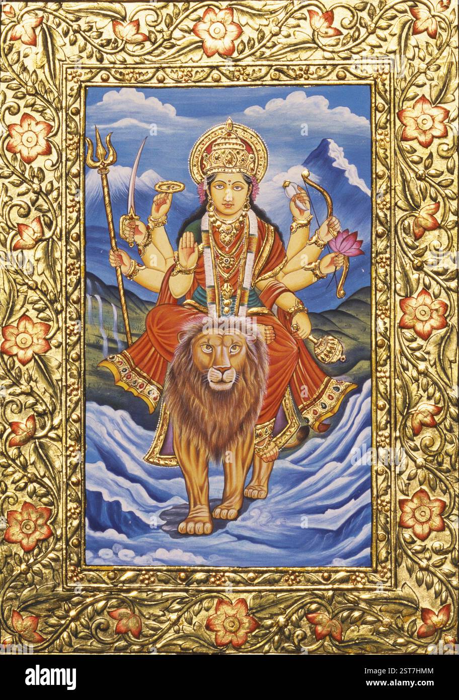 Goddess Durga mounted on lion miniature painting on paper with ...