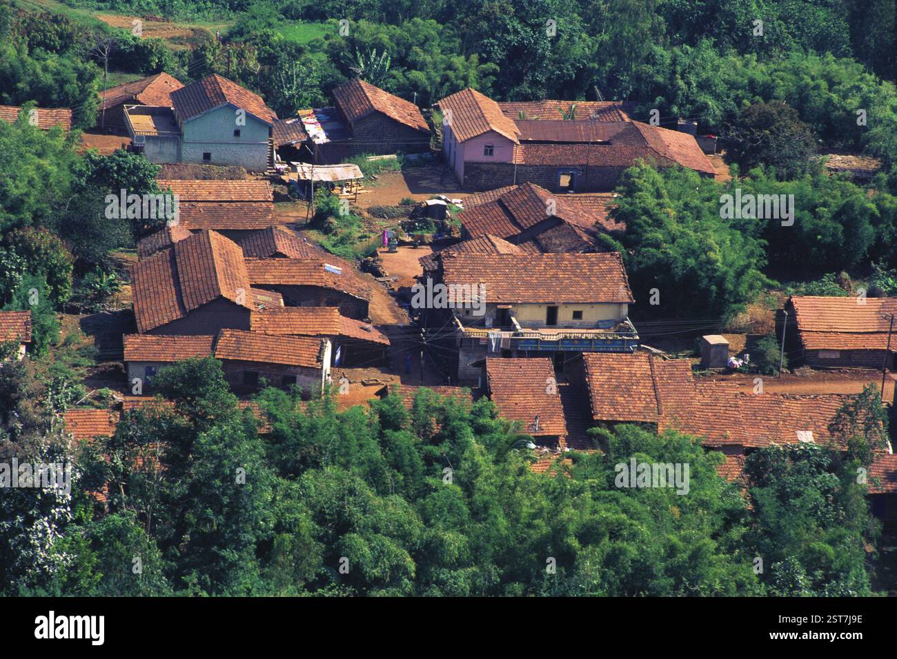 Aerial view of Mangalore tile roof village and greenery, Panhala ...