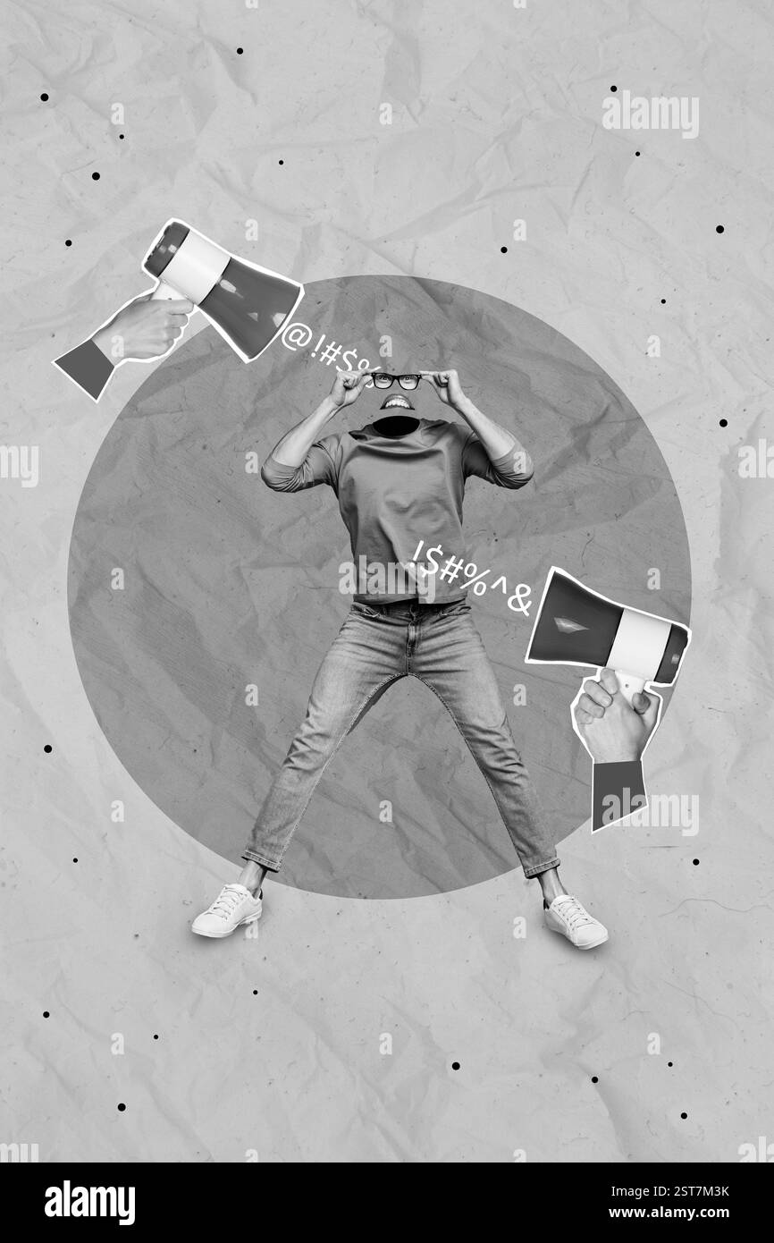 Vertical collage image of black white colors person invisible head ...