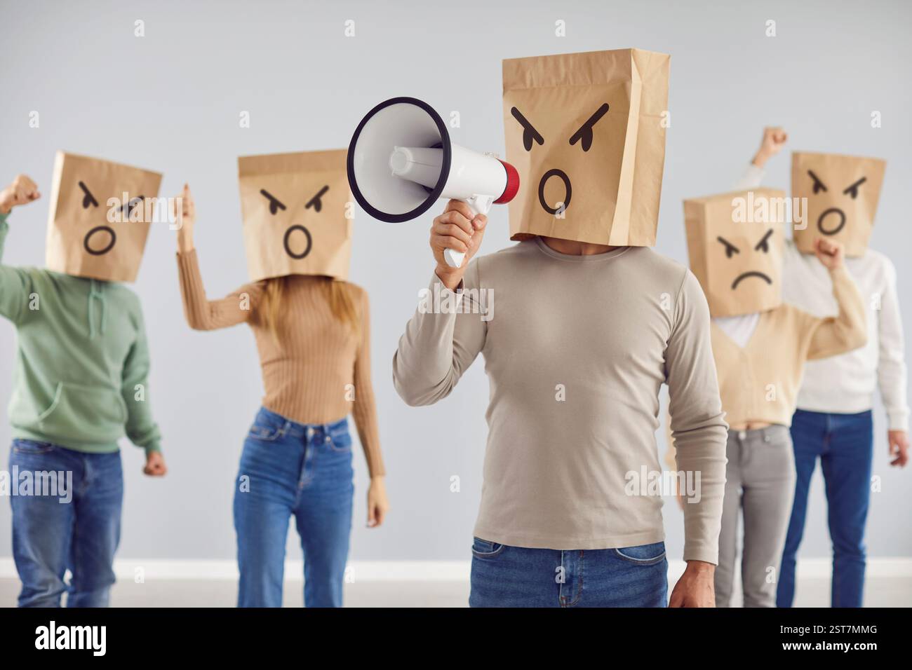Angry people with bullhorn and shopping bag heads protest and demand ...