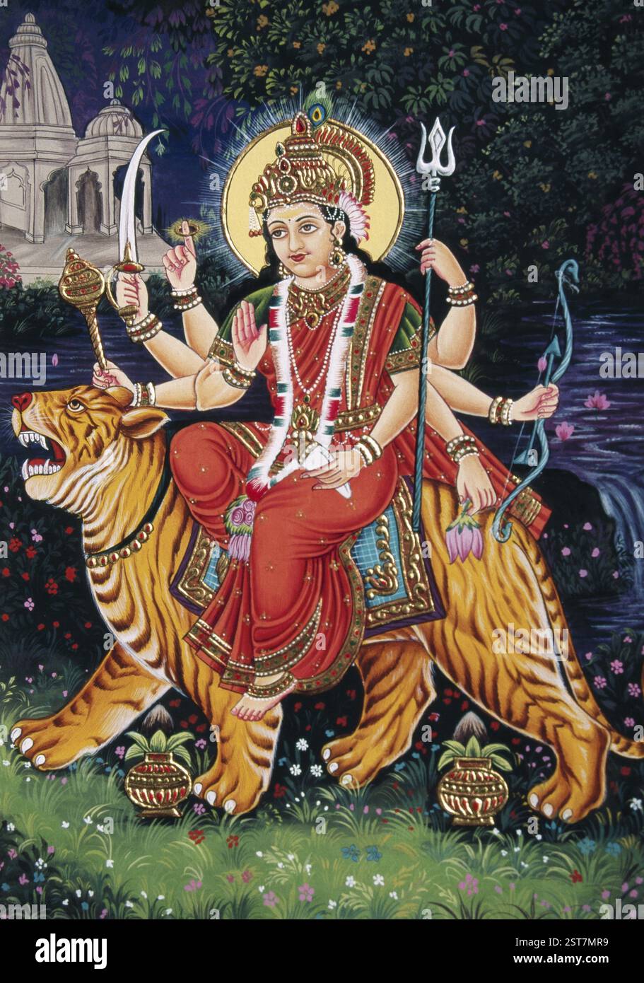Goddess Durga Miniature Painting on Paper with Embroidery Stock Photo ...