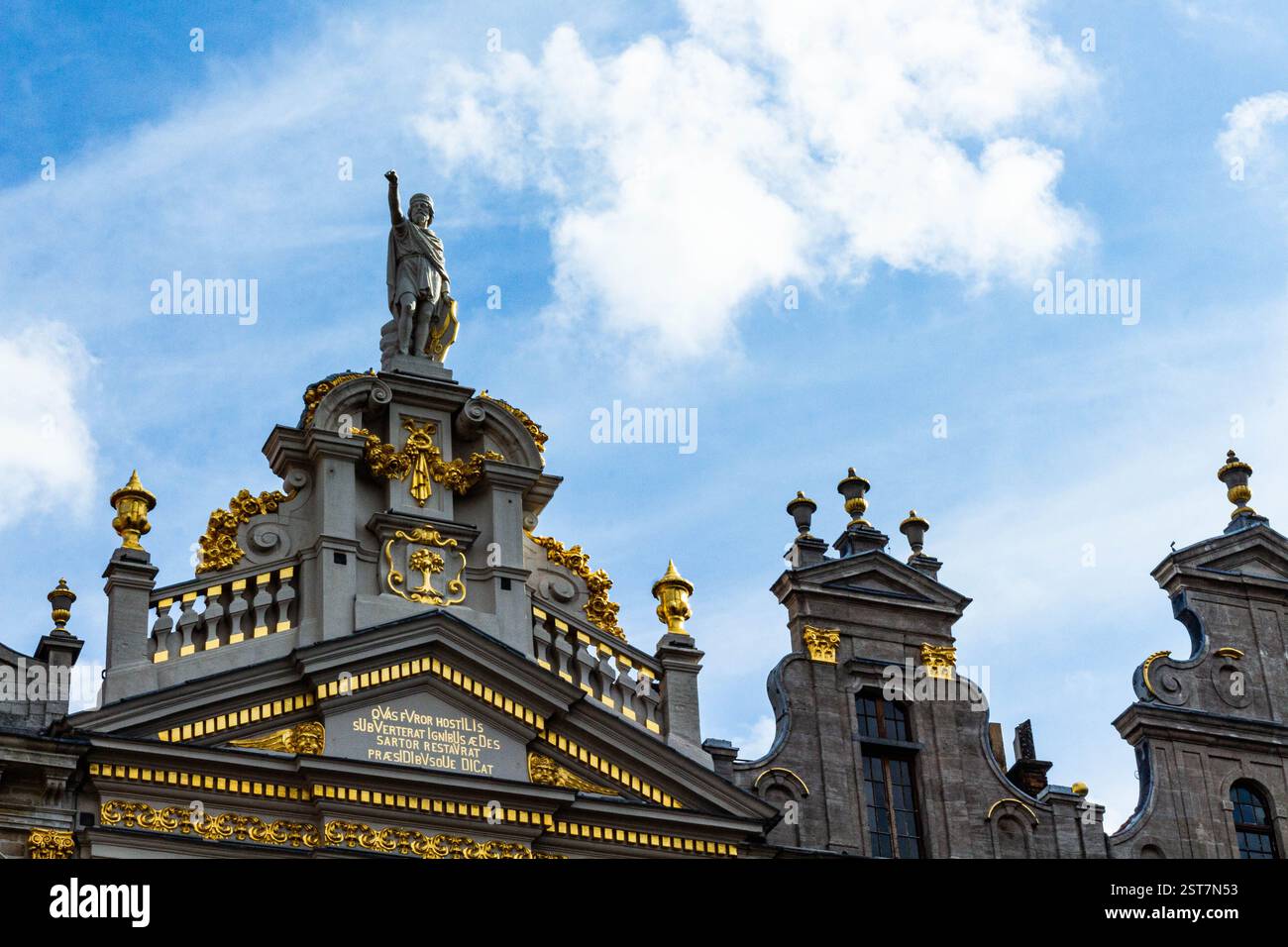 Ornate rooftop at Grand Place, Brussels, with golden details and a ...