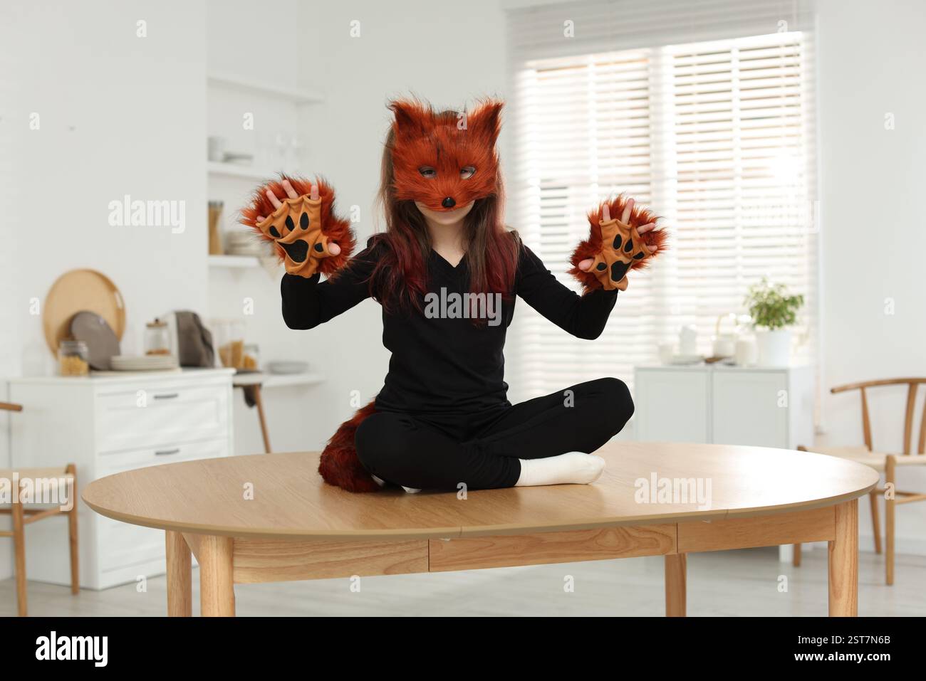 Quadrobics. Girl wearing fox mask, tail and gloves on table at home ...