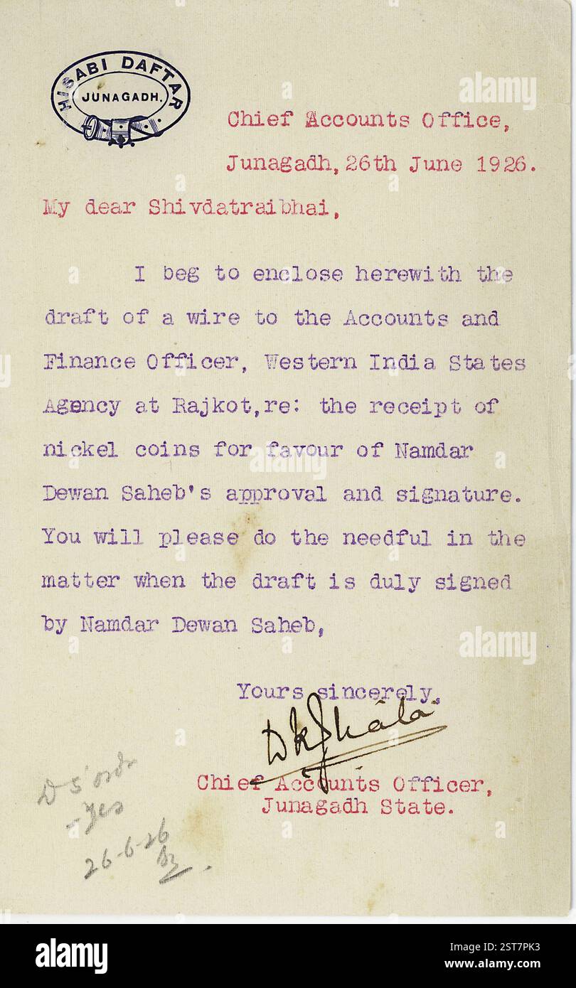Letter from Chief Accounts Office 26/vi/1926, Junagadh, Saurashtra ...