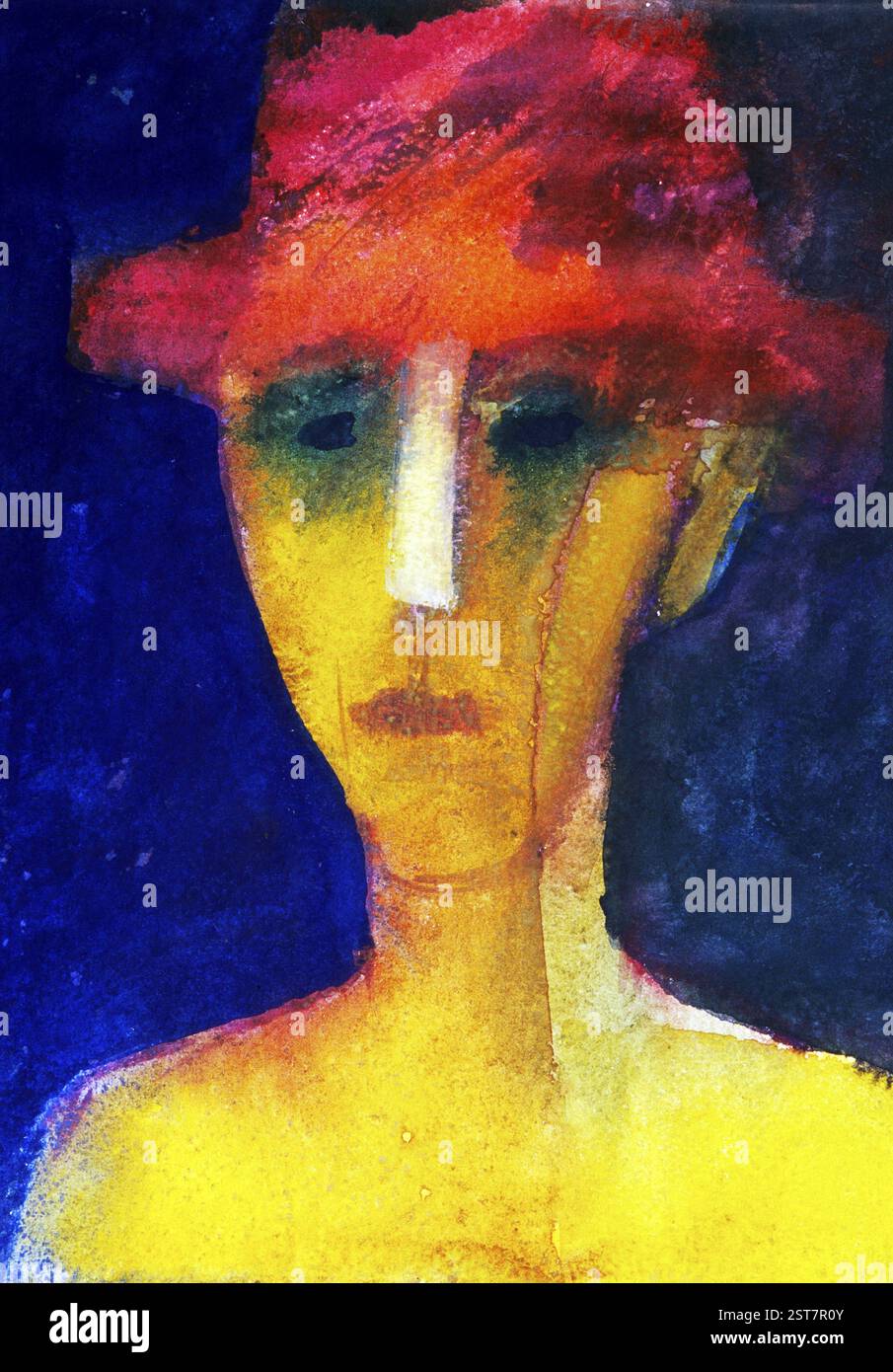 Lady with red hat watercolor painting Stock Photo - Alamy