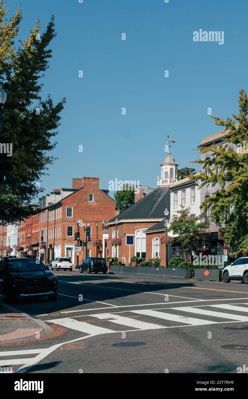Bright autumn day in DC with clear blue skies. Streets are lined with ...