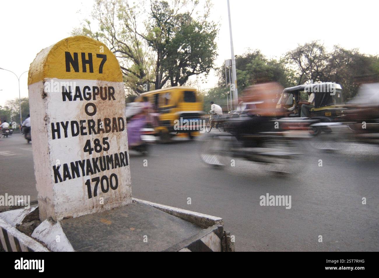 Milestone showing zero mile on the national highway 7 which is the center of India at Nagpur ...
