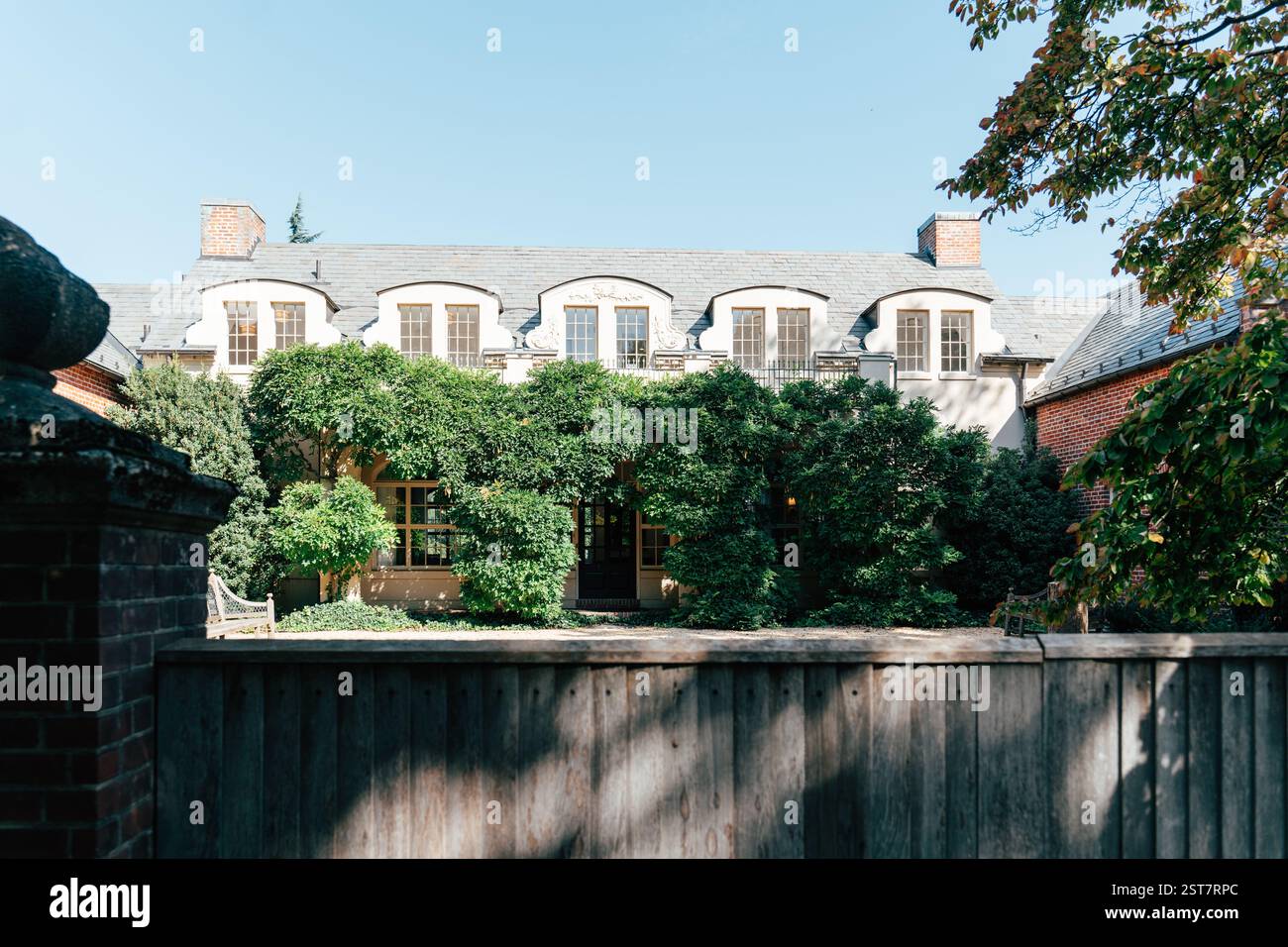 This beautiful historic mansion is framed by lush greenery and trees ...