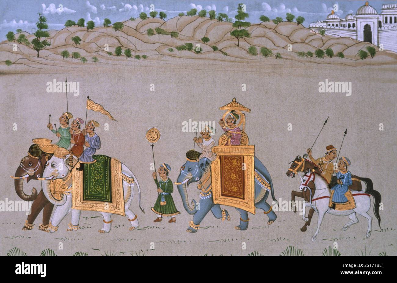 Miniature painting on silk, royal procession Stock Photo - Alamy