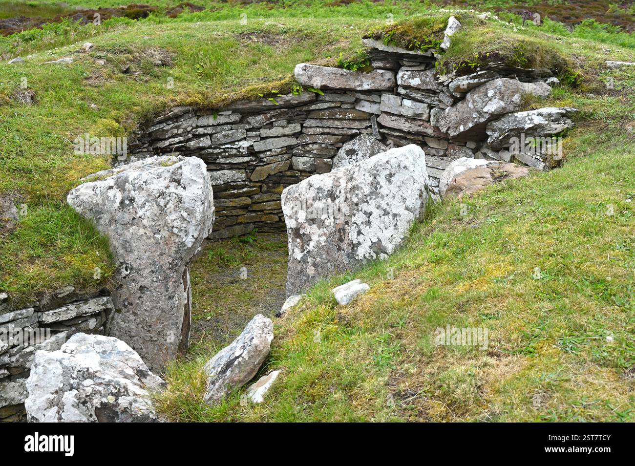 Remains of Cairn o’Get chambered burial cairn Scotland July Stock Photo ...