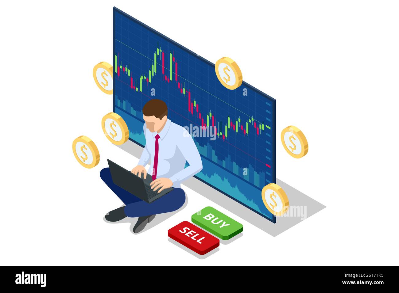 Isometric of a trader sitting on a laptop with a large financial screen ...