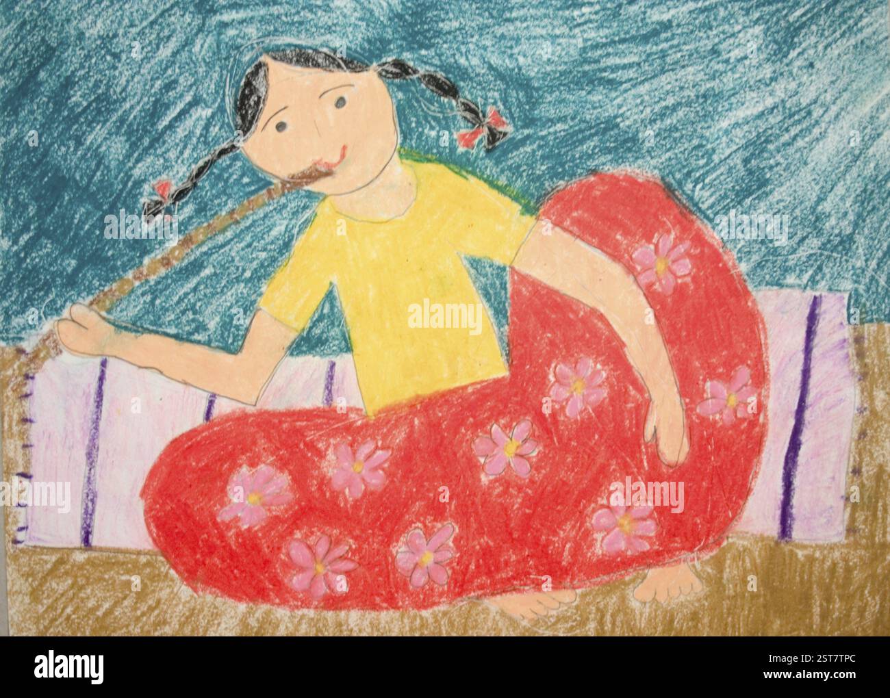 Girl chewing sugar cane Painting by the child, oil pastel, By the ...