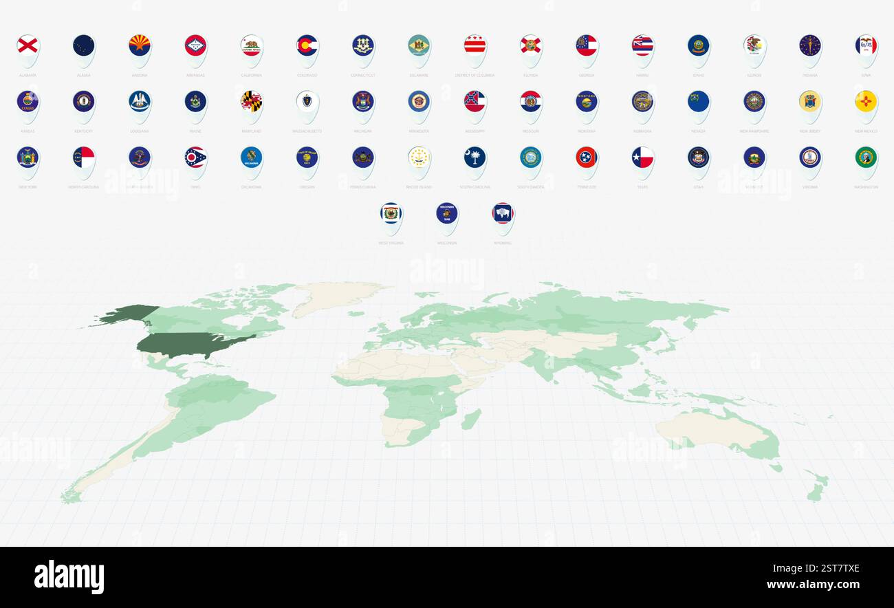 US State Flags Collection, Blue pin icon design. Minimalist USA state ...