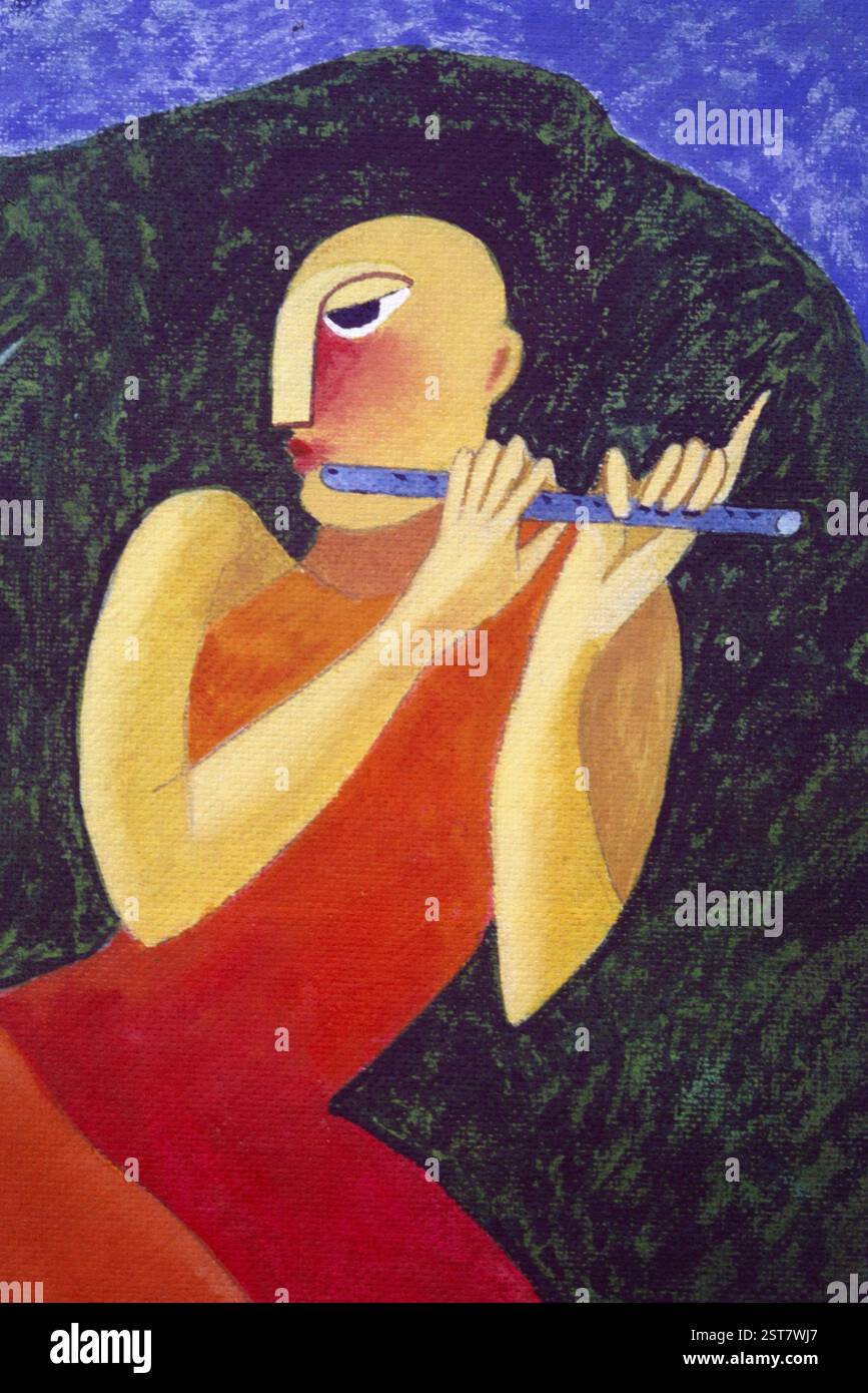 Medium, watercolor painting man playing flute Stock Photo - Alamy