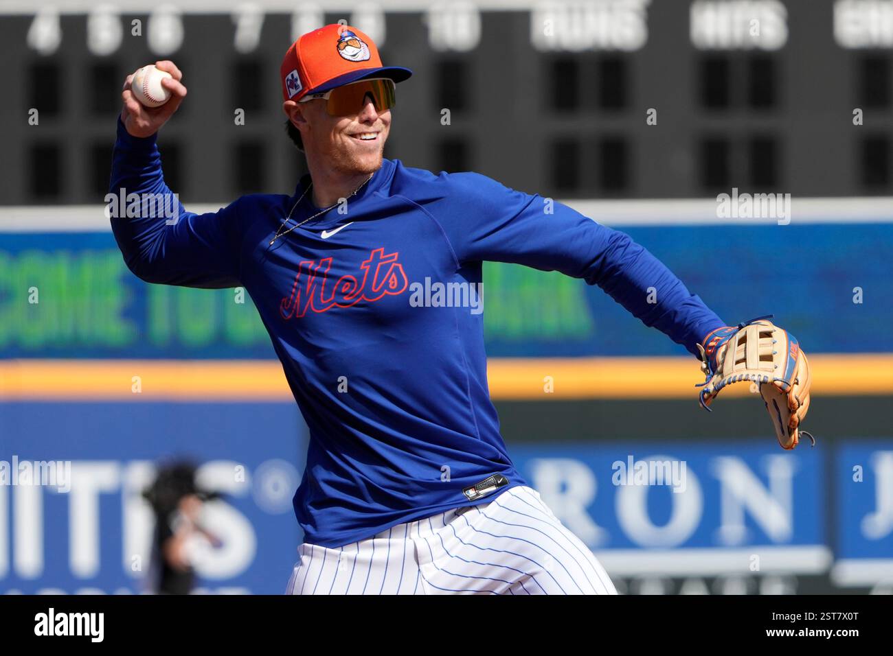 New York Mets' Brett Baty throws during a spring training baseball ...