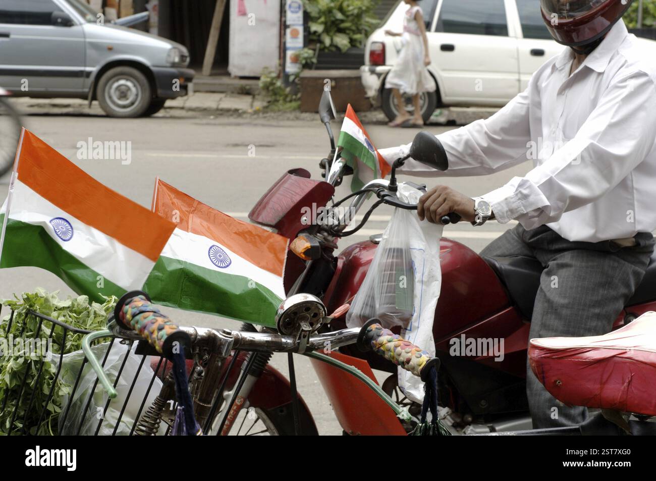 Indian flags on cycle and bike on independence day, Bombay Mumbai ...
