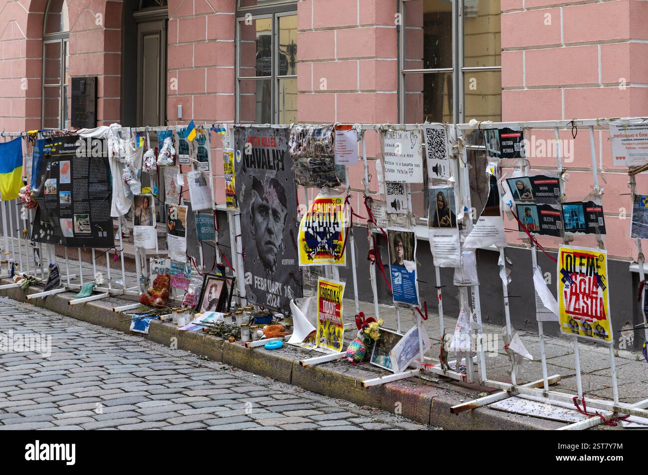 Russian Embassy in Tallinn, Estonia. Protest posters in front of the ...