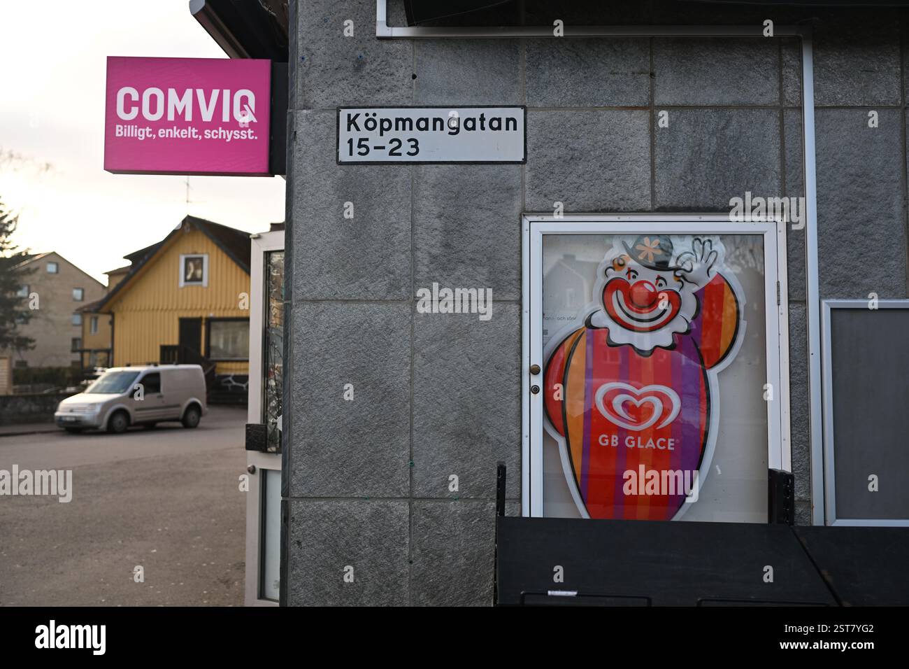 Perstorp, Skåne, Sweden. February 11 2025. Kiosk exterior with GB Glace ...
