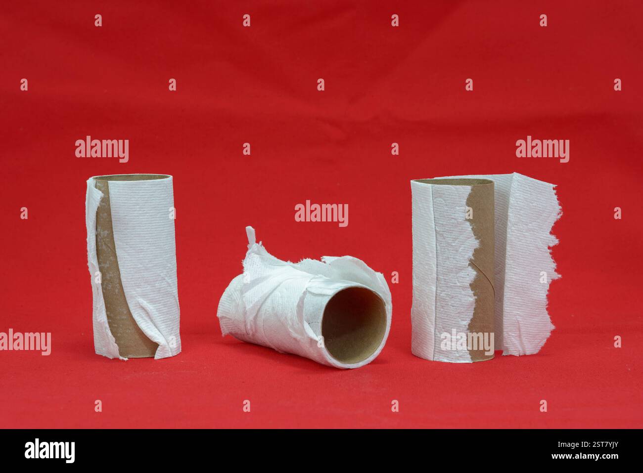 Horizontal shot of three empty toilet paper rolls on a mottled red ...