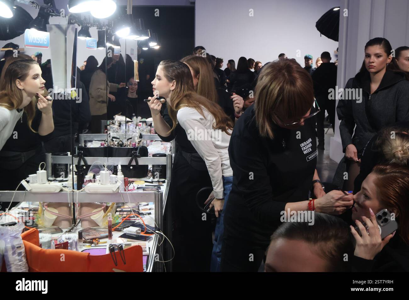 KYIV, UKRAINE - FEBRUARY 15, 2025 - Models prepare backstage ahead of the Khrystyna Rachytska ...