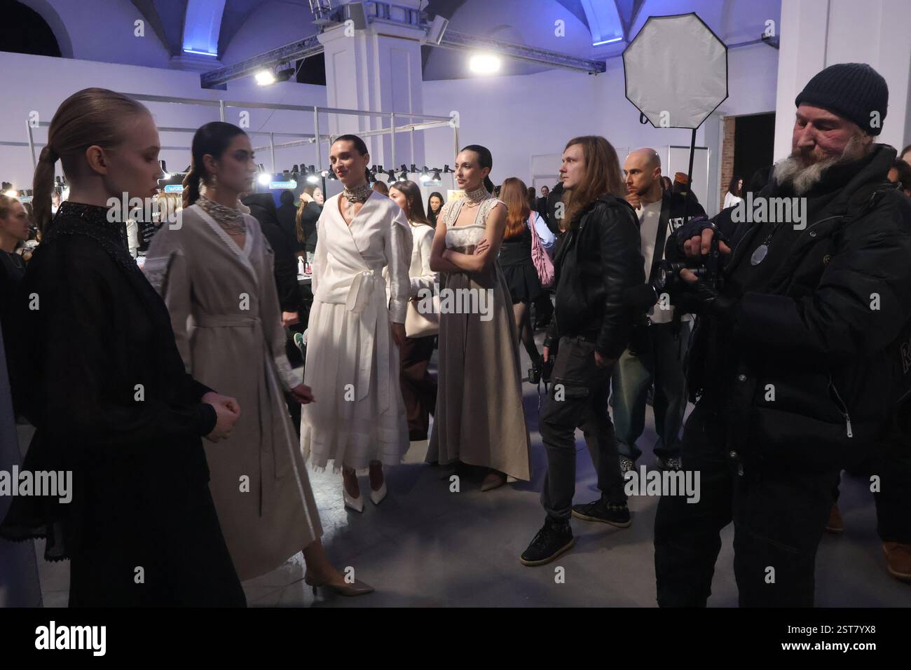 KYIV, UKRAINE - FEBRUARY 15, 2025 - Models prepare backstage ahead of ...