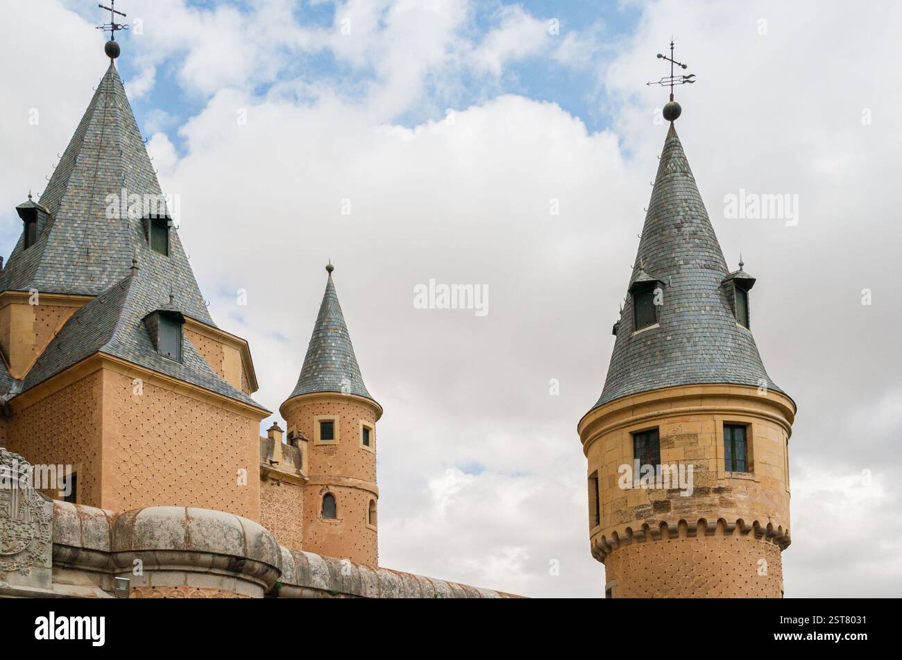 Alcazar of segovia showing its majestic slate roofs and turrets Stock ...
