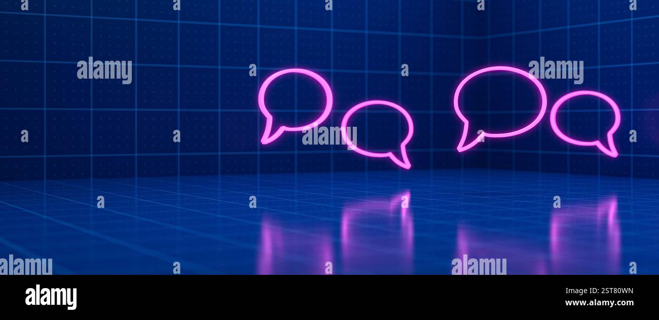 Pink speech bubbles in front of a blue background with a lines and dots ...