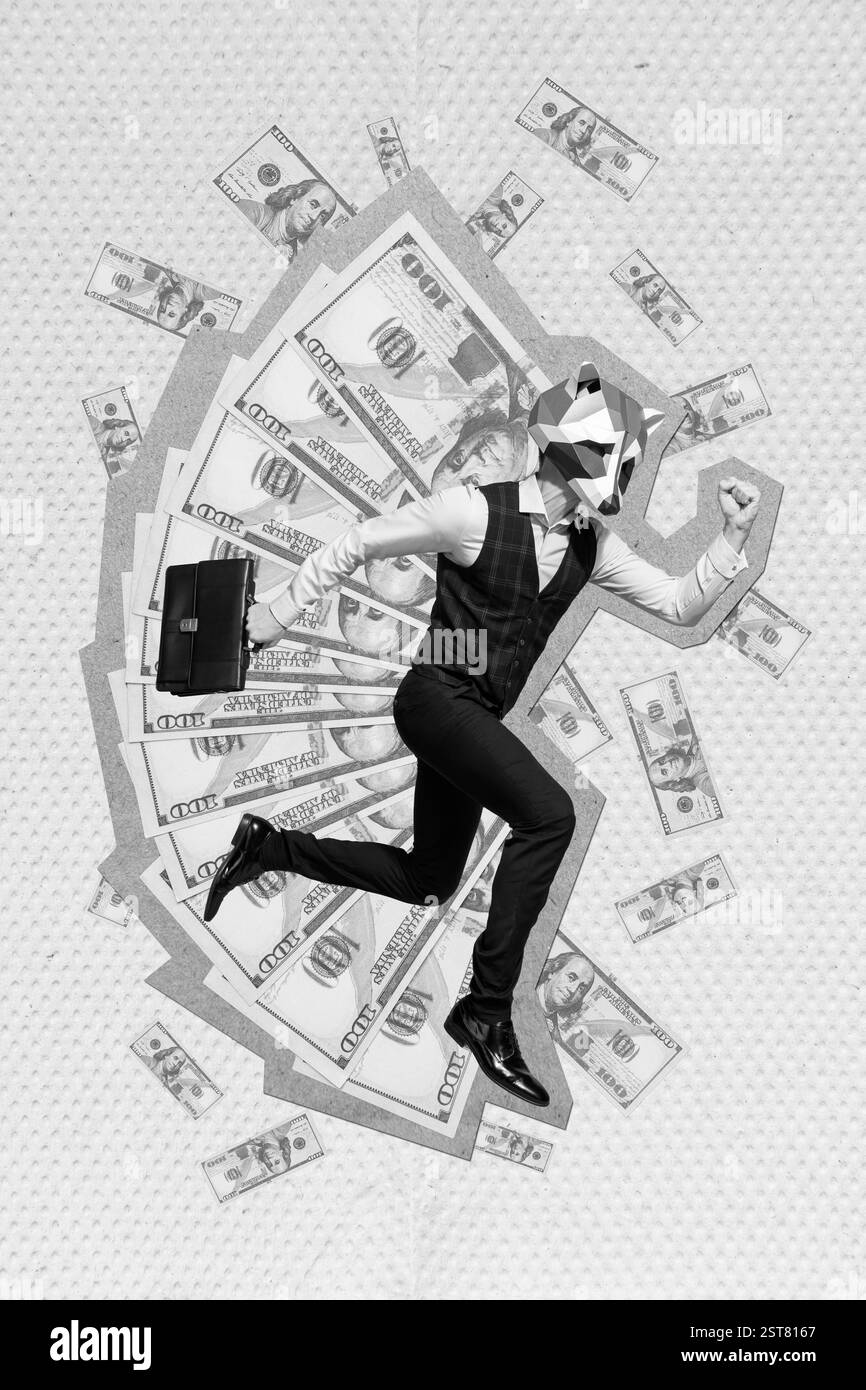Vertical collage image of mini running businessman raccoon head hold ...