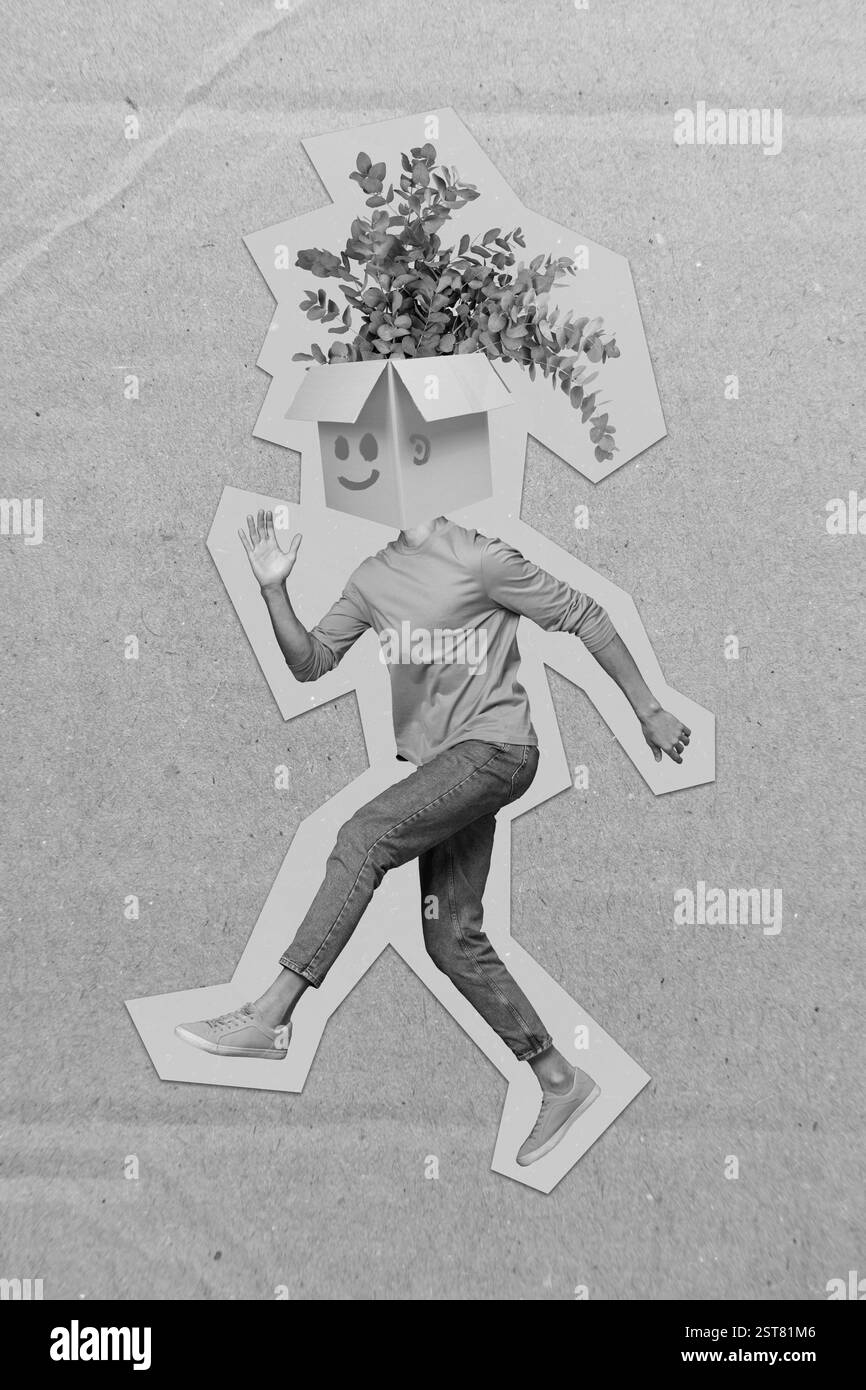 Magazine poster image collage of funky male man with carton box face ...