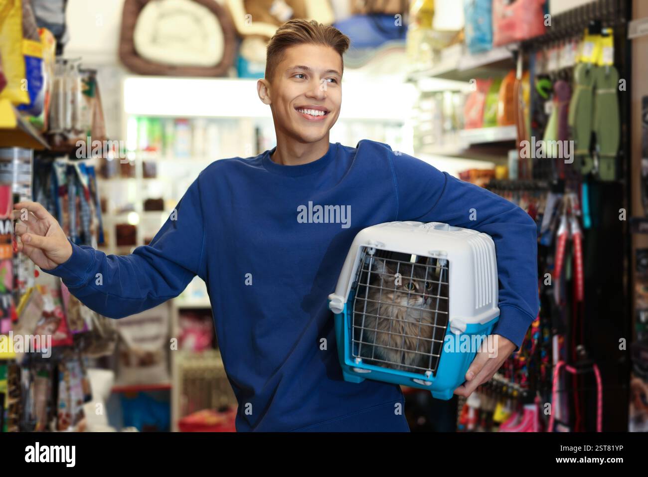 Man with his cute cat in pet shop Stock Photo - Alamy