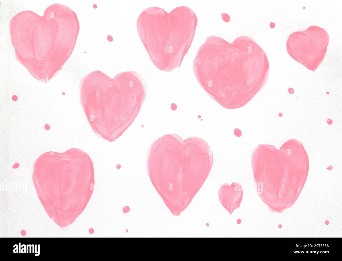 Pink hand-painted hearts pattern on a white background, artistic design ...