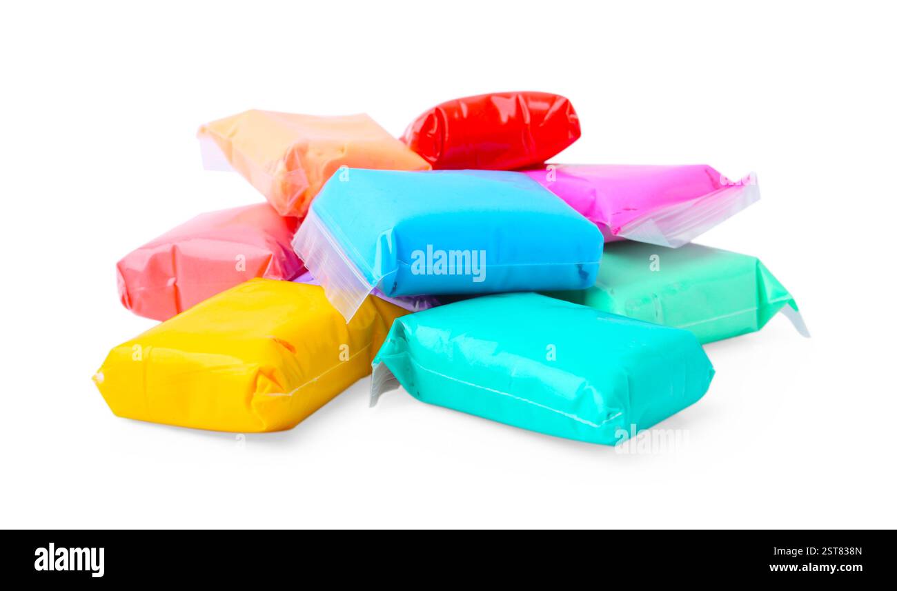 Different colorful play dough in packages isolated on white Stock Photo ...