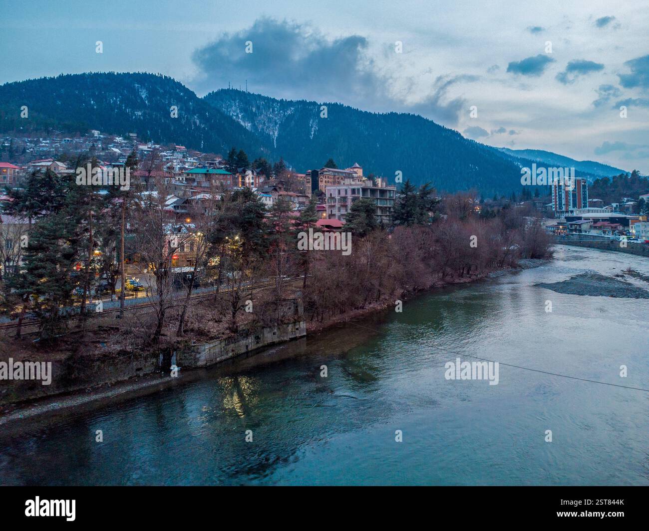 Twilight view on Kura river and Borjomi town . There famous Borjomi ...