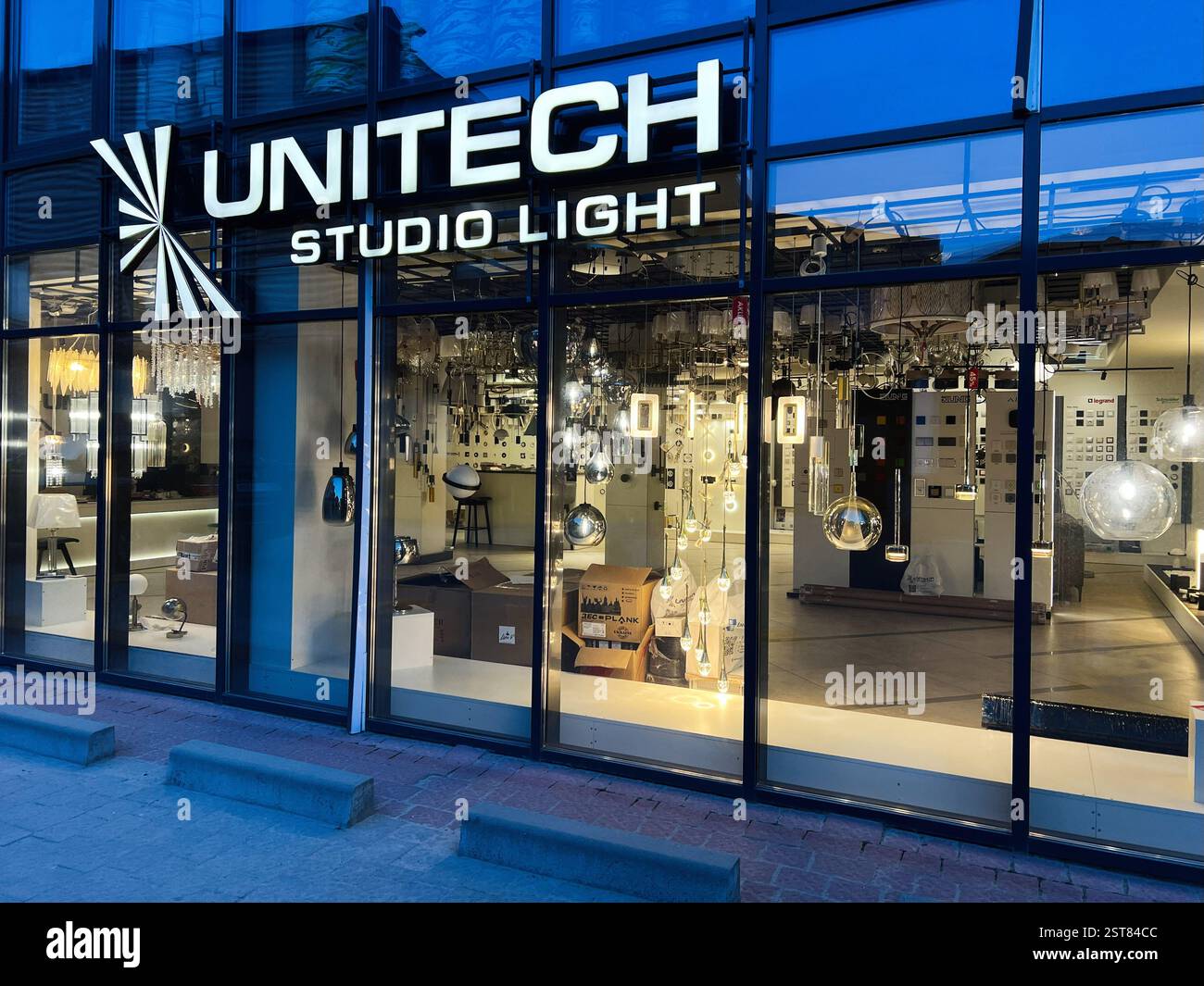 Lviv, Ukraine - February 16, 2025: Lighting Unitech showroom displaying ...