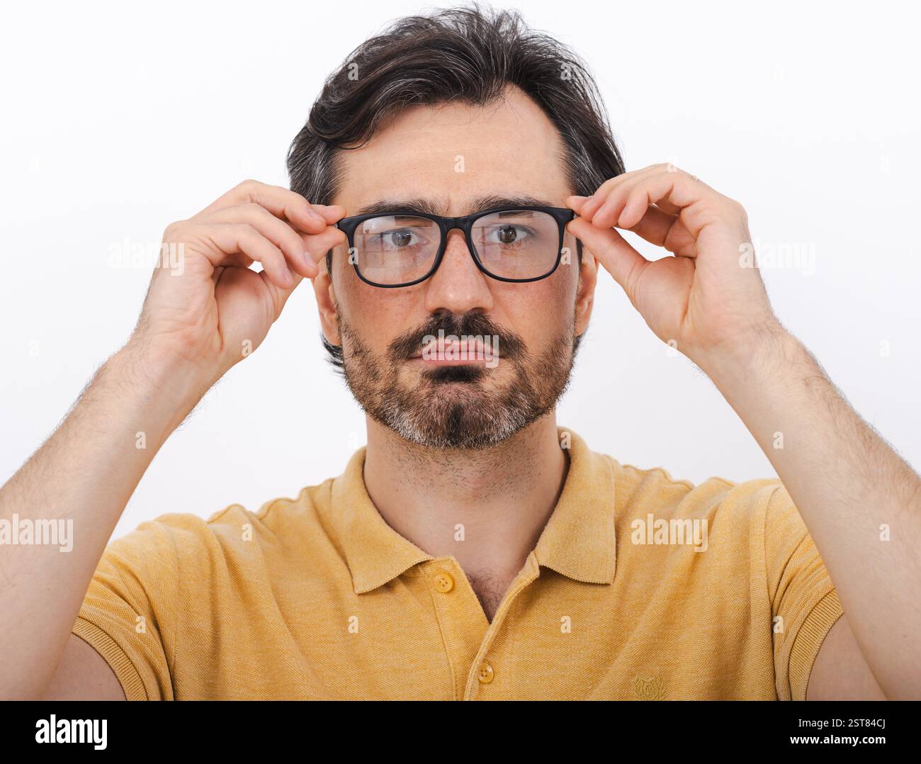 Portrait of confident man wearing stylish glasses to treat his poor ...